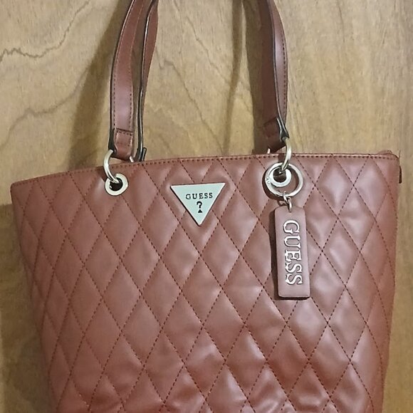 Guess | Bags | Guess Cessily Quilted Tote Cognac Brown Faux Leather Bag ...